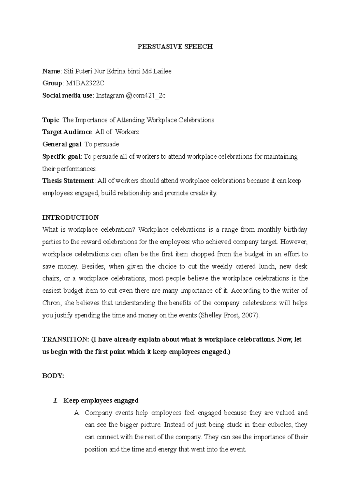 THE Importance OF Workplace Celebrations - PERSUASIVE SPEECH Name: Siti ...