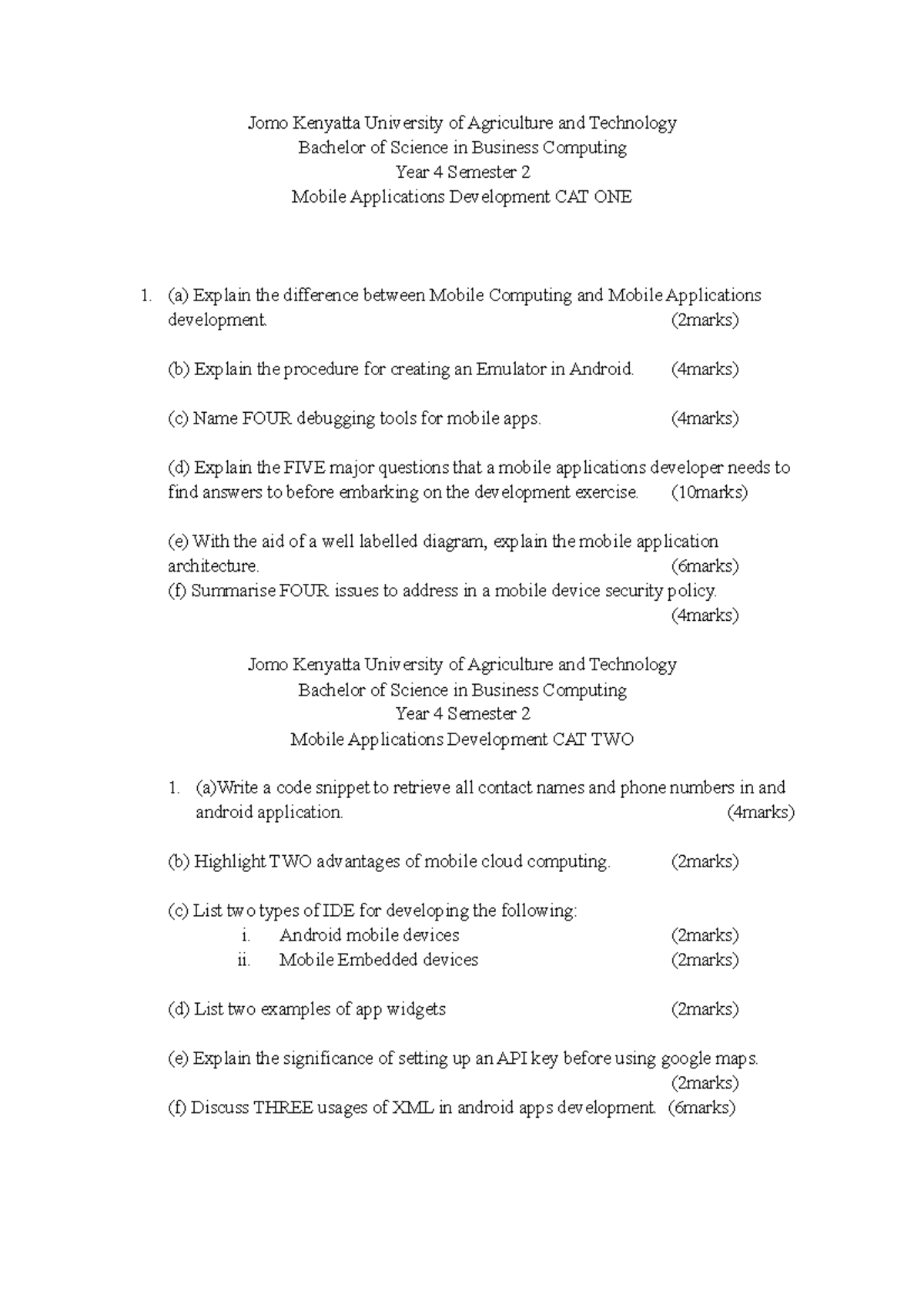 BIT 3.1 Mobile Application Development CAT ONE AND TWO - Jomo Kenyatta University of Agriculture ...
