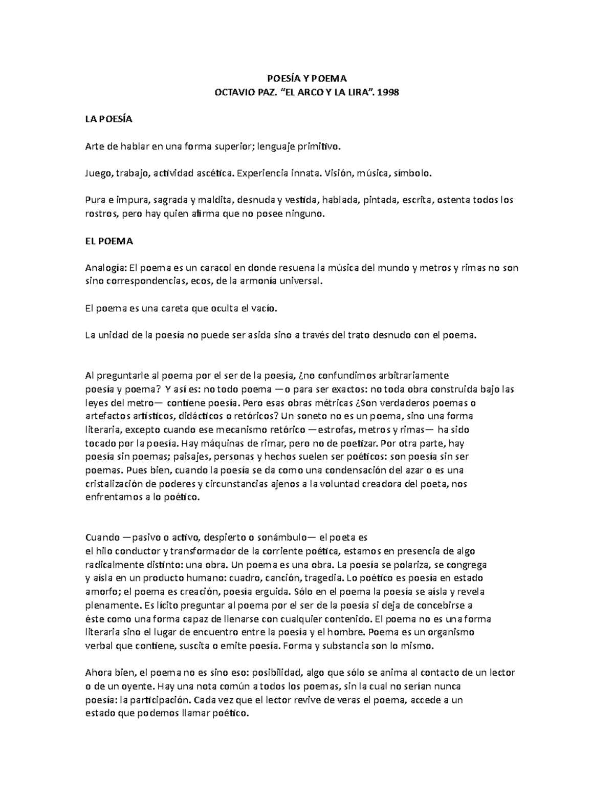 Anotaciones EL ARCO Y LA LIRA - POESÍA Y POEMA OCTAVIO PAZ. “EL ARCO Y ...