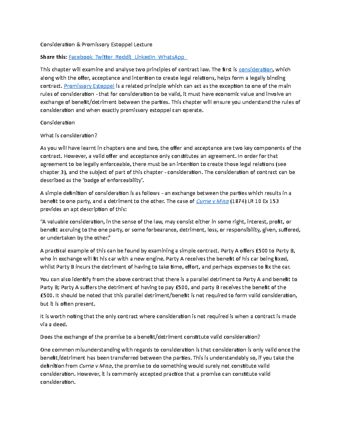 Consideration - school - Consideration & Promissory Estoppel Lecture Share this: Facebook - Studocu