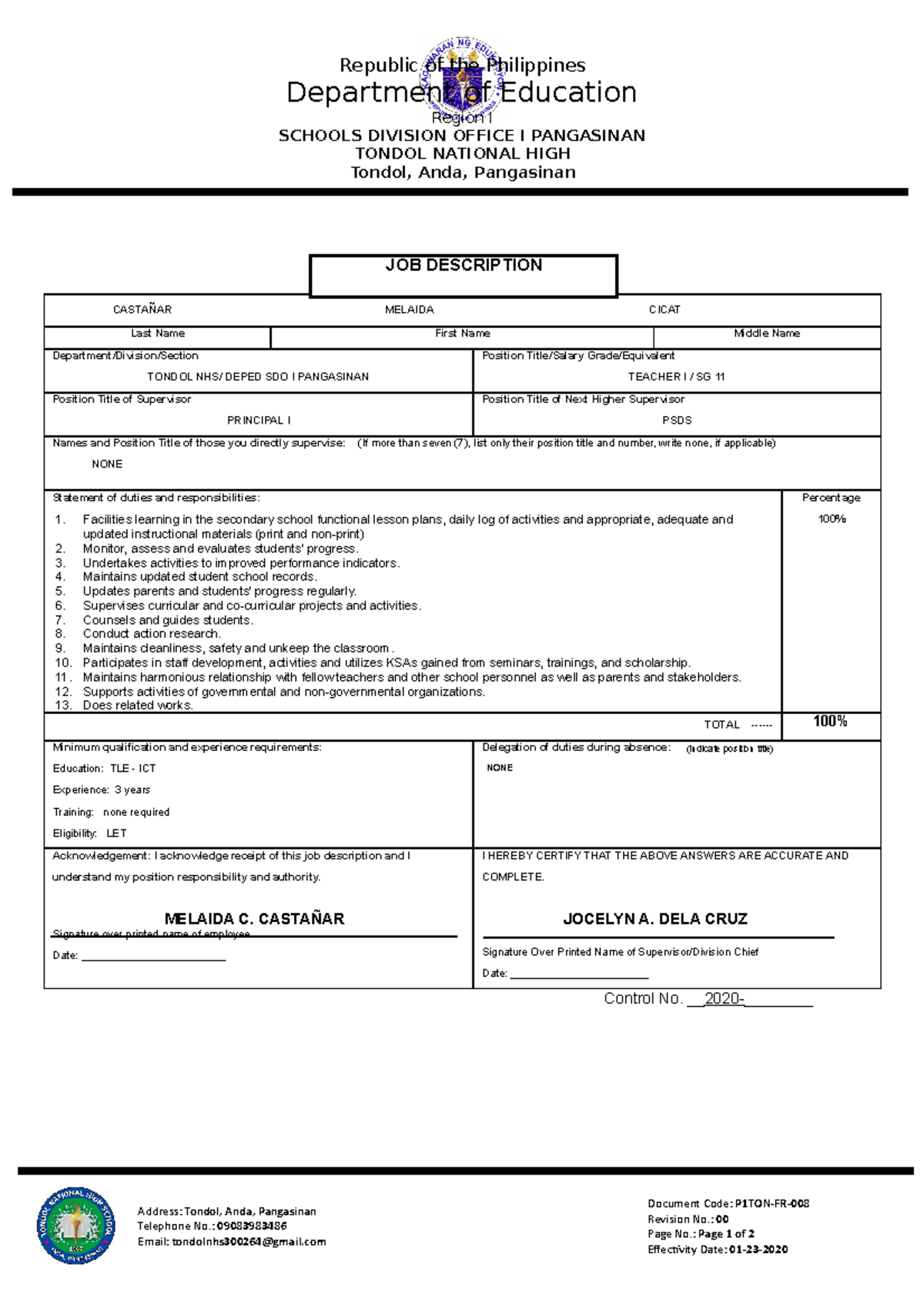 P1AND-FR-008- Job Description - Republic of the Philippines Department ...