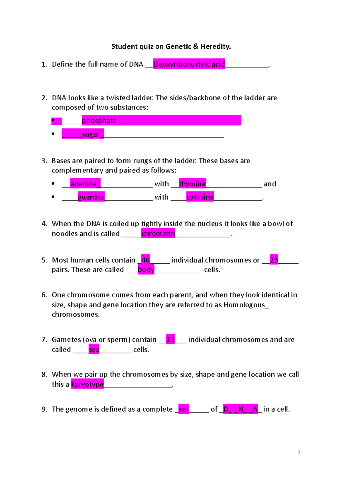 Student quiz on Genetics and heredity week 1 - Student quiz on Genetic ...