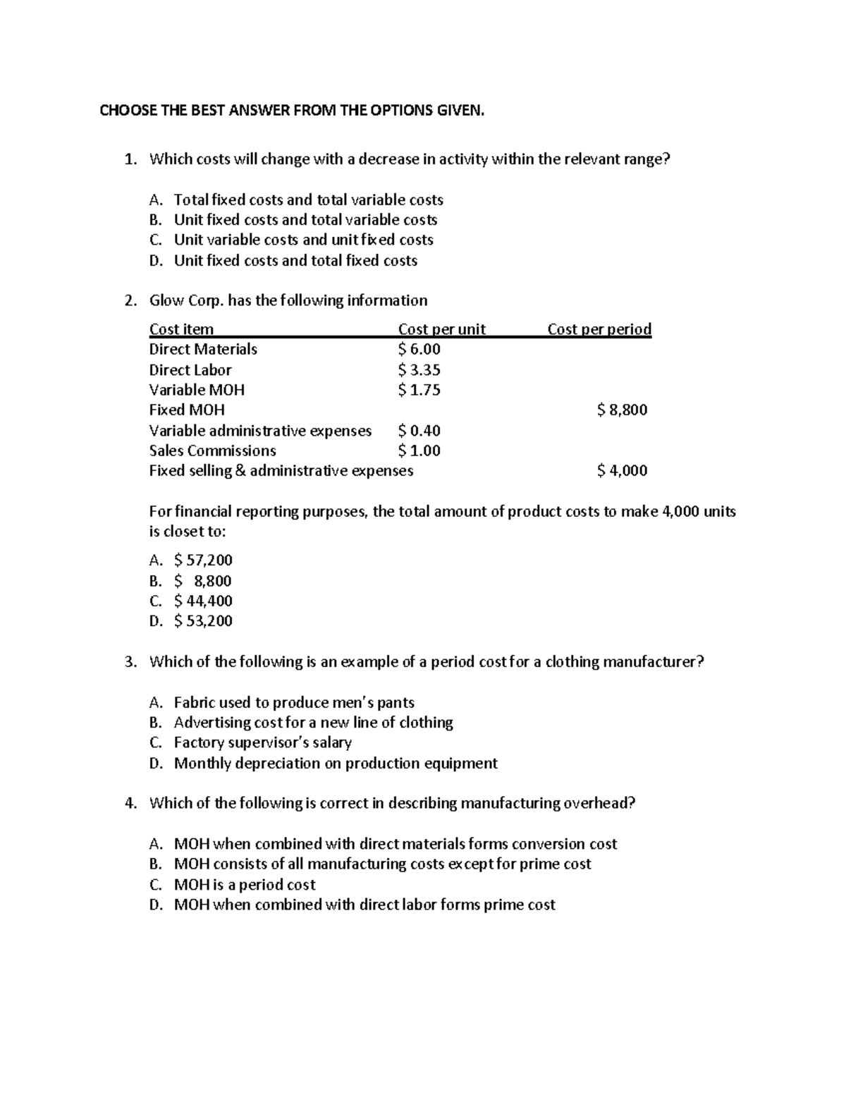 Practice Exam 1 w formula sheet - CHOOSE THE BEST ANSWER FROM THE ...