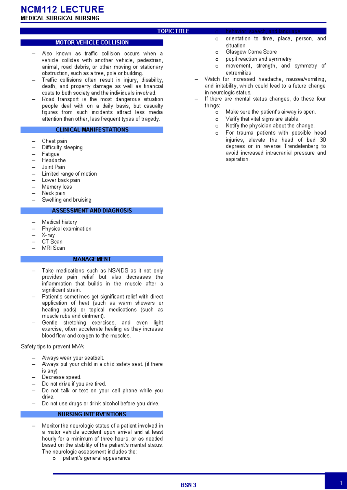 Motor Vehicles Collision - NCM112 LECTURE MEDICAL-SURGICAL NURSING ...
