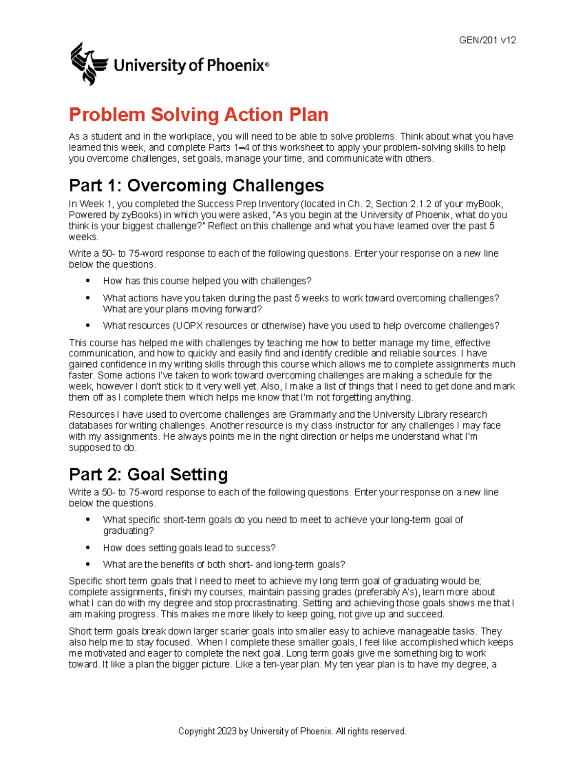 Gen201 v12 wk5 problem solving action plan - GEN/201 v Problem Solving ...