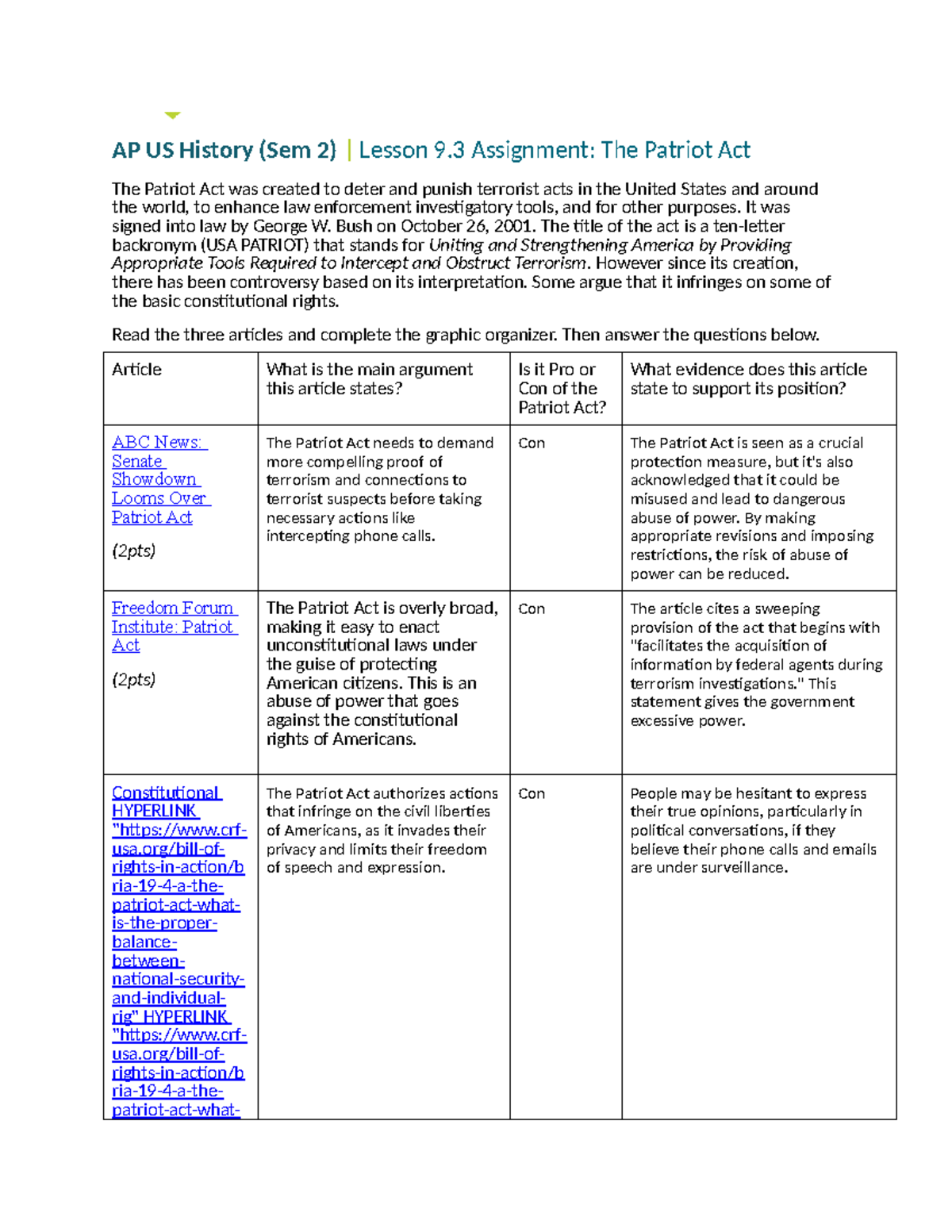 9.3 Assignment The Patriot Act - AP US History (Sem 2) | Lesson 9 ...