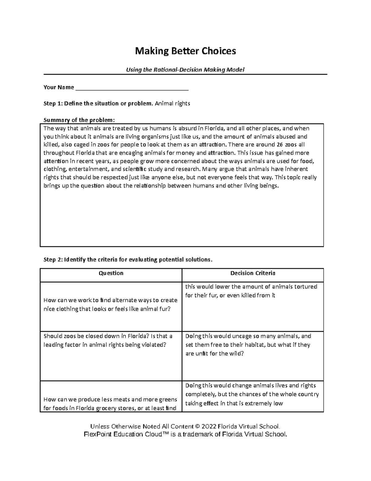 Copy of Copy of making better choices assignment template - Making ...
