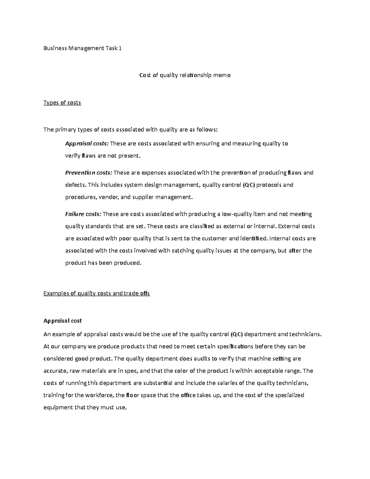 BM Task 1 - TASK 1 - Business Management Task 1 Cost of quality ...
