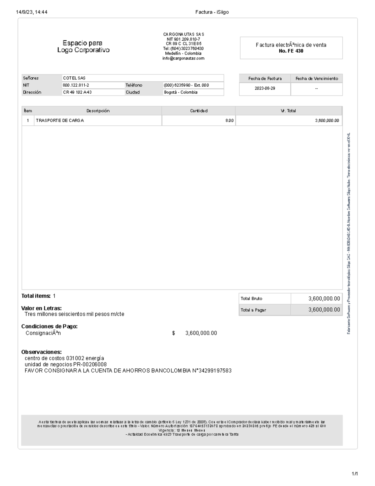 FE 430 - lmn - 14/9/23, 14:44 Factura - iSiigo 1/ CARGONAUTAS SAS NIT ...
