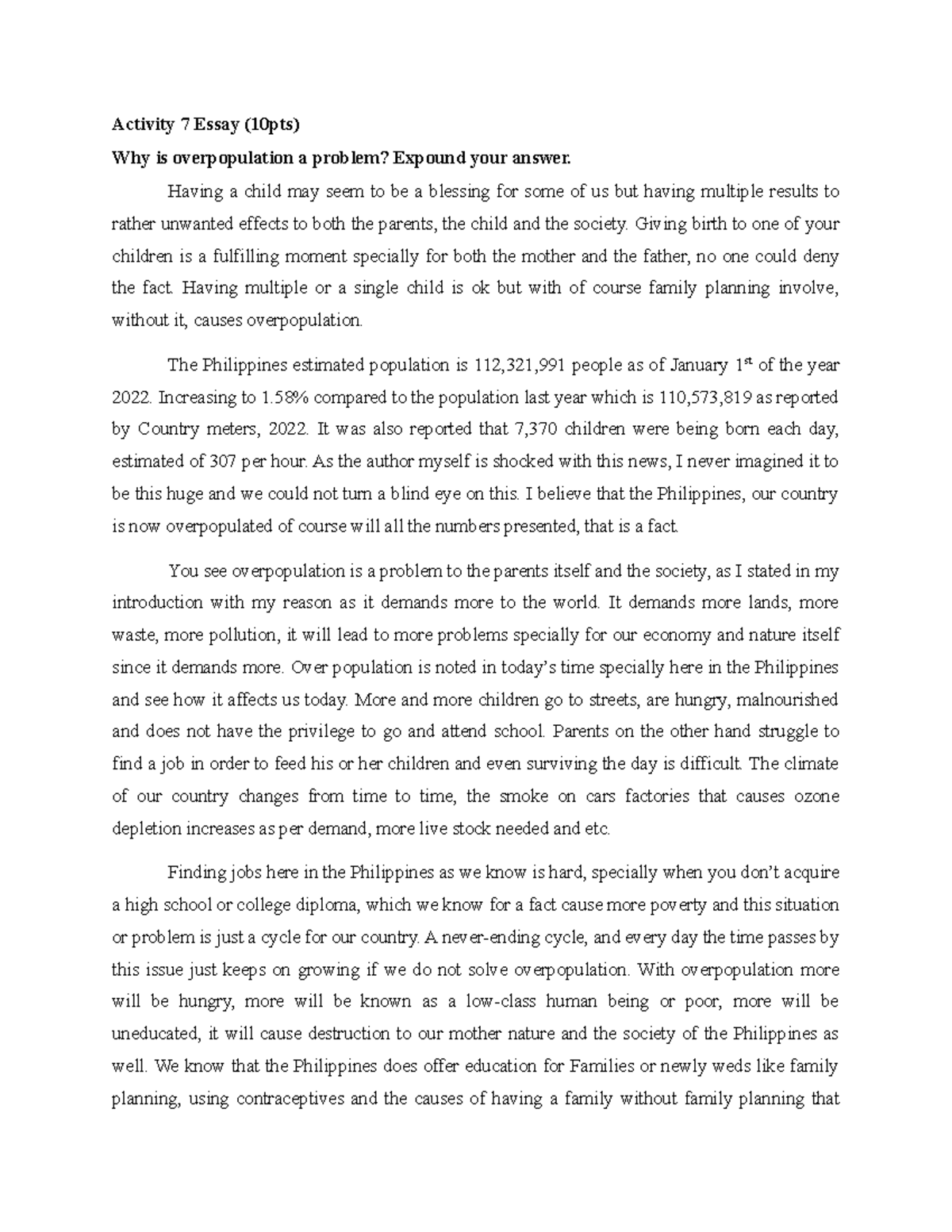 Why is overpopulation a problem? Expound your answer. - Having a child ...