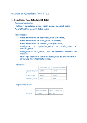 Tutorial Task - Hand execution - Arrays - Answers to Questions from TT 6. Hand execution using a ...