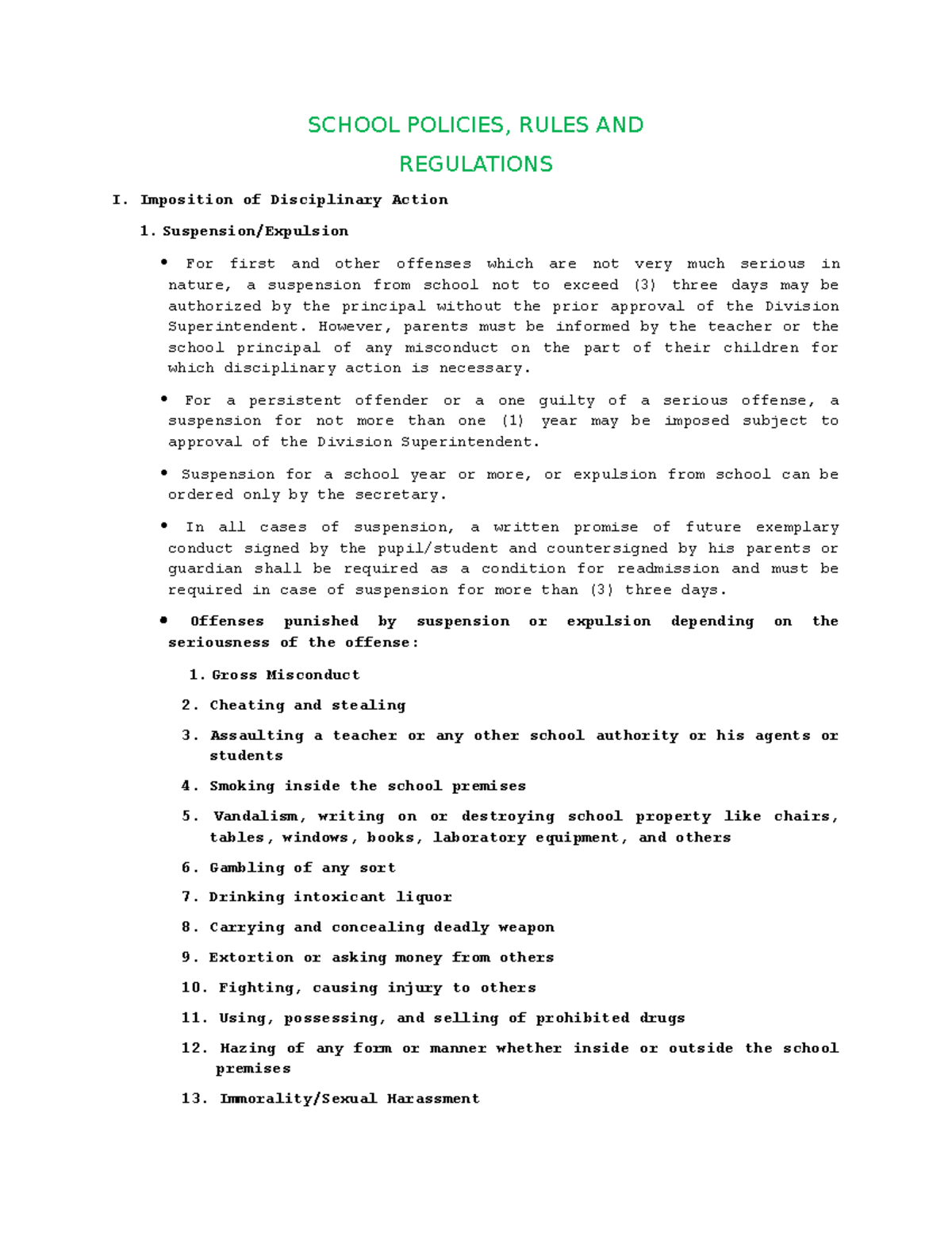 School- Policies - None - SCHOOL POLICIES, RULES AND REGULATIONS I ...
