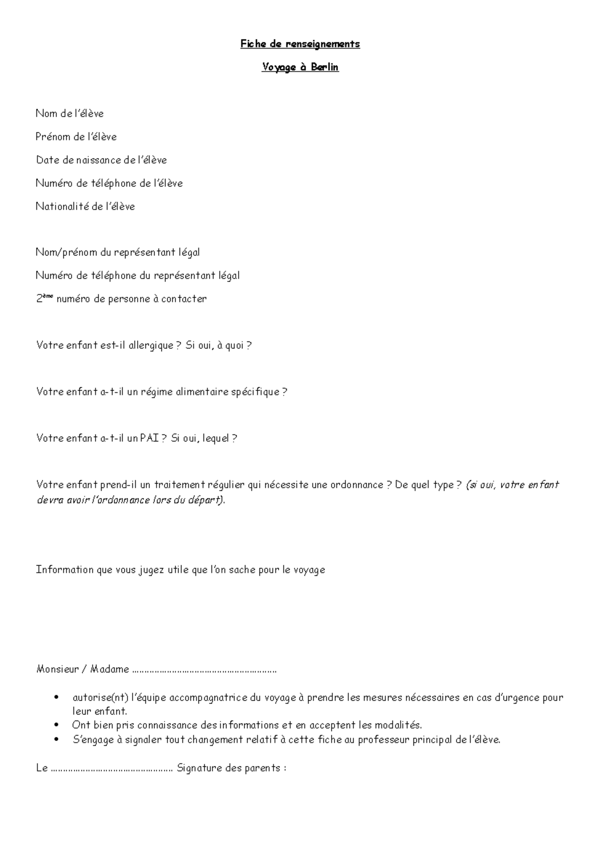 Fiche-de-renseignements - Fiche de renseignements Voyage à Berlin Nom ...