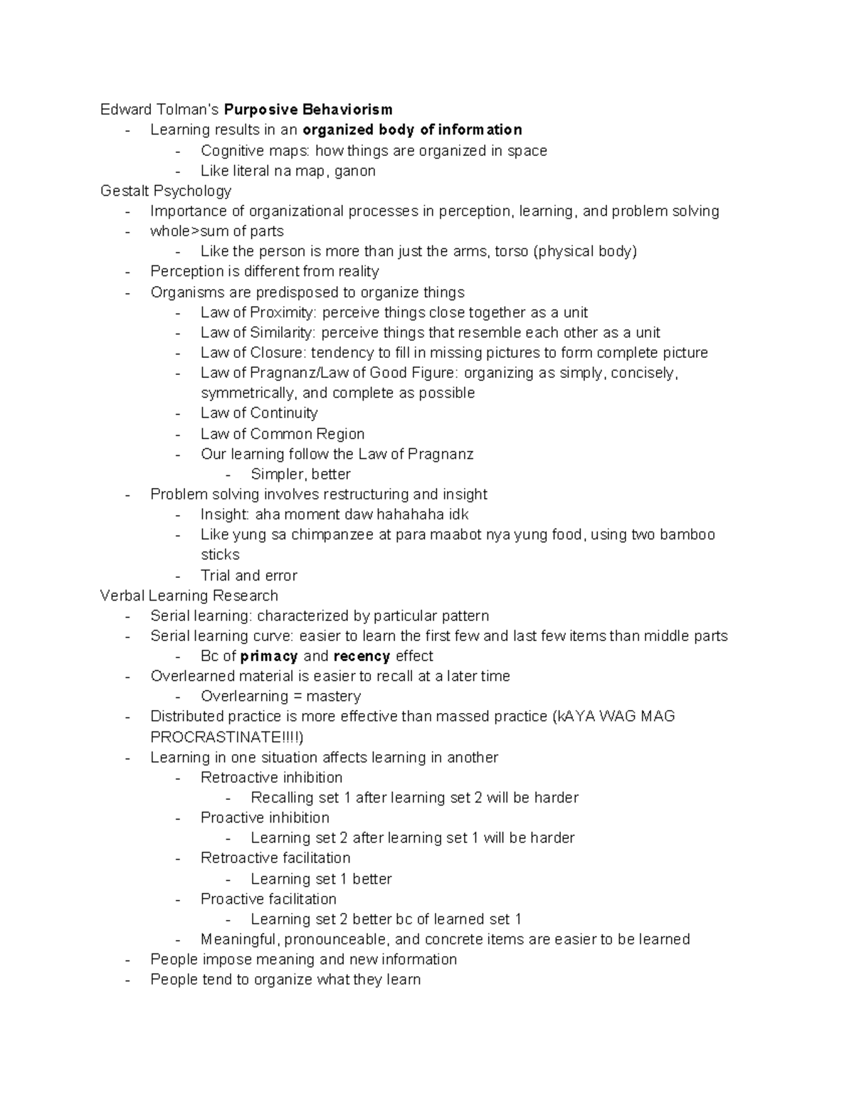 Finals Discussion Notes - Theories of Learning - Edward Tolman’s ...