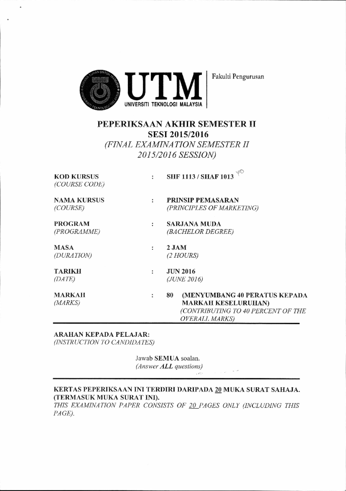 Past Year 2015/2016 - UTM Fakulti Pengurusan UNIVERSITI TEKNOLOGI ...
