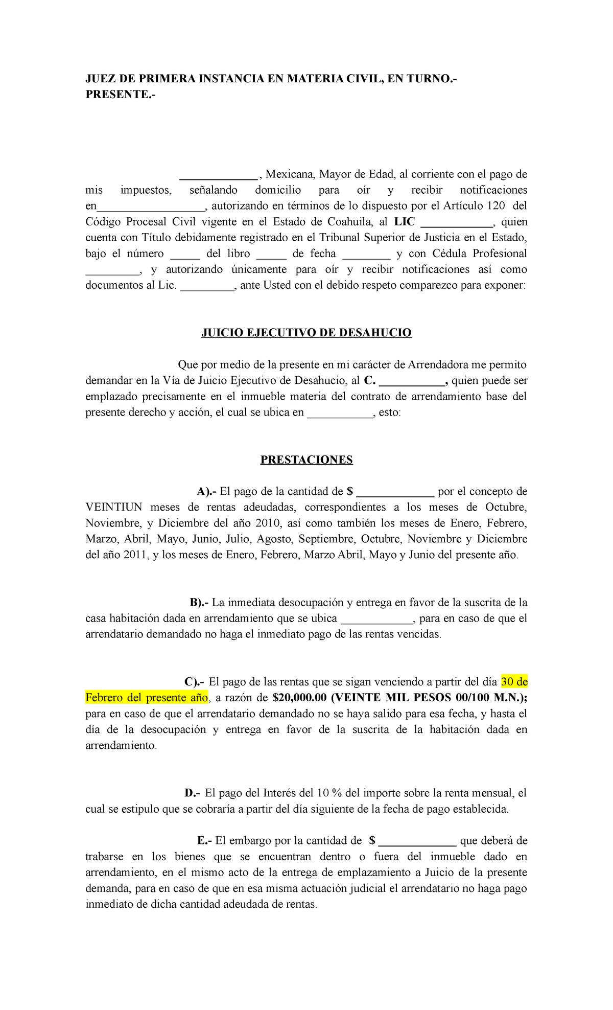 Práctica de demanda De juicio de Desahucio - JUEZ DE PRIMERA INSTANCIA EN MATERIA CIVIL, EN ...