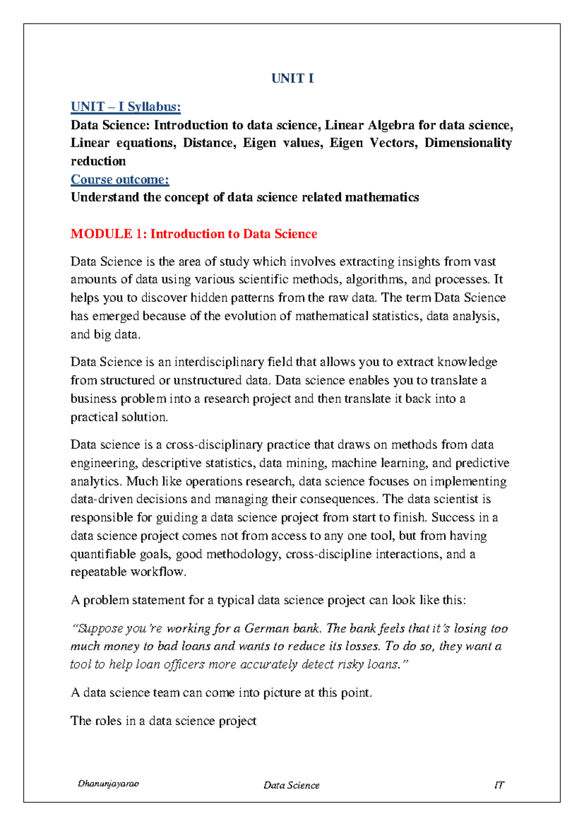 UNIT 1 - Data Science notes - UNIT I UNIT – I Syllabus: Data Science ...