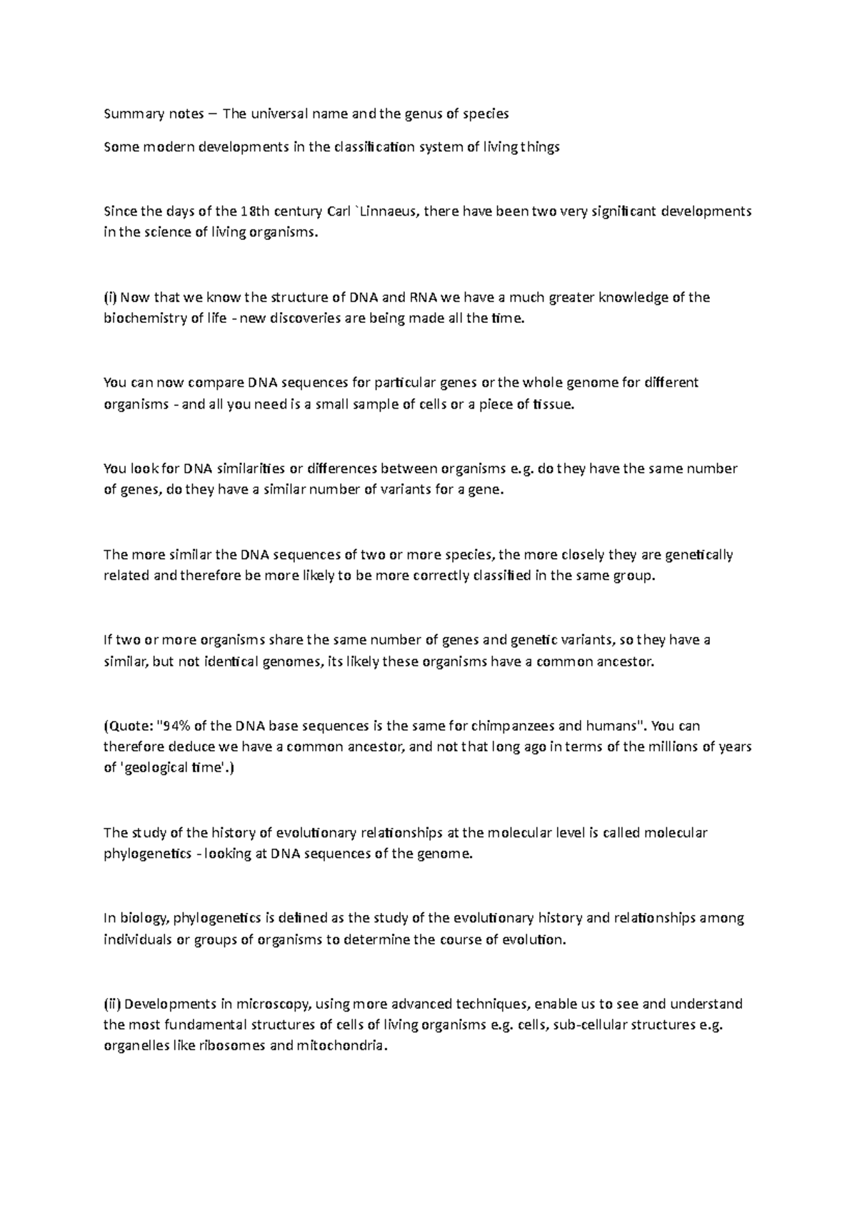 Summary notes – The universal name and the genus of species - en two ...