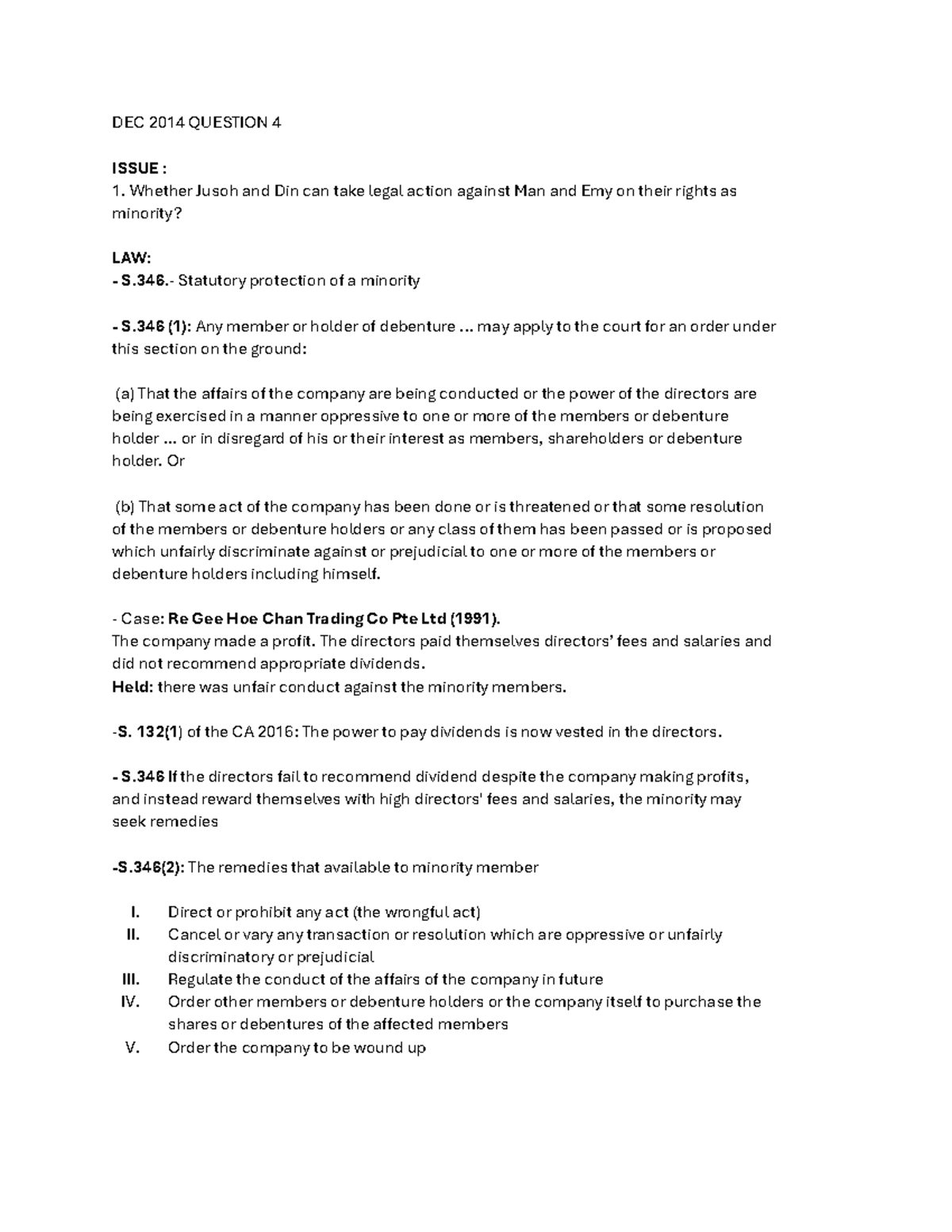 Law485 Final Exam Question 4 Solution Dec 2014 Question 4 Issue