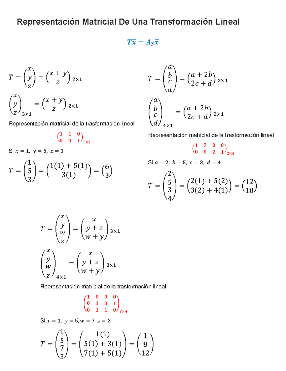 Tarea 29.representación matricial de una transformación lineal - Representación Matricial De Una ...