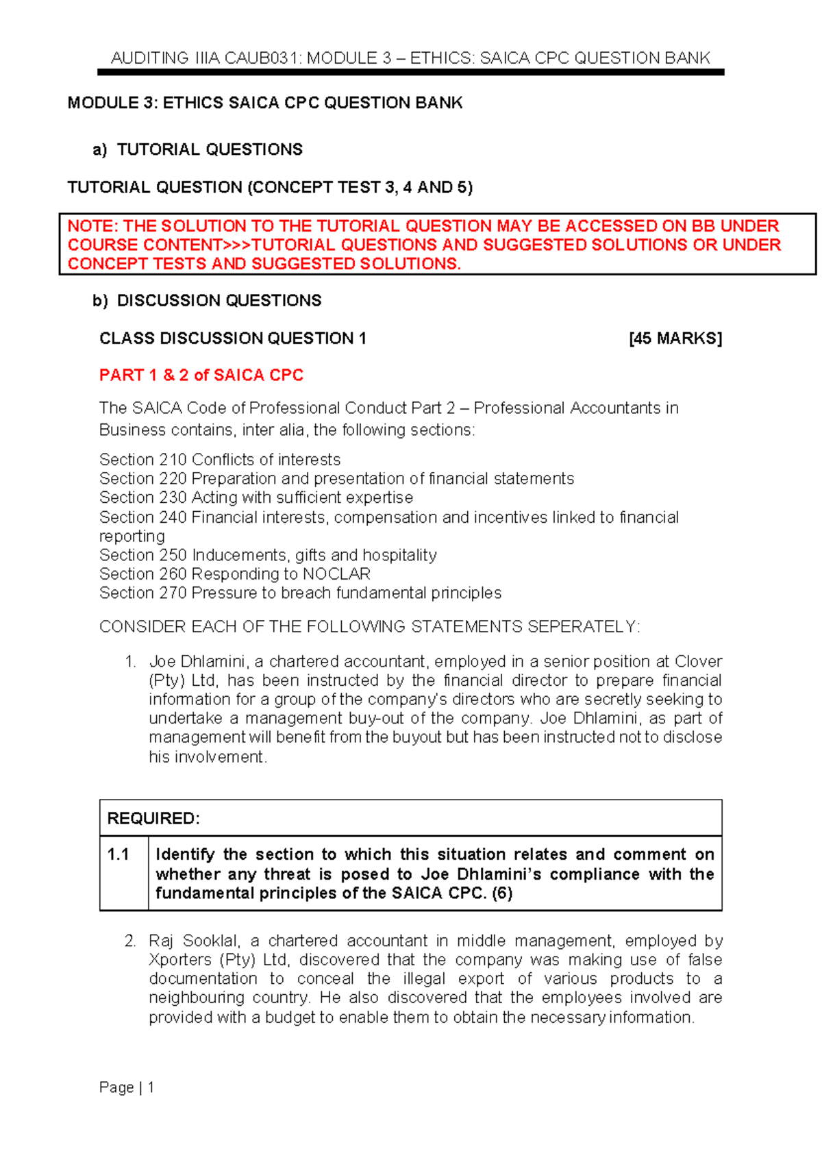 Module 3 - Ethics - Saica CPC Question BANK AND Suggested Solution - MODULE 3: ETHICS SAICA CPC ...