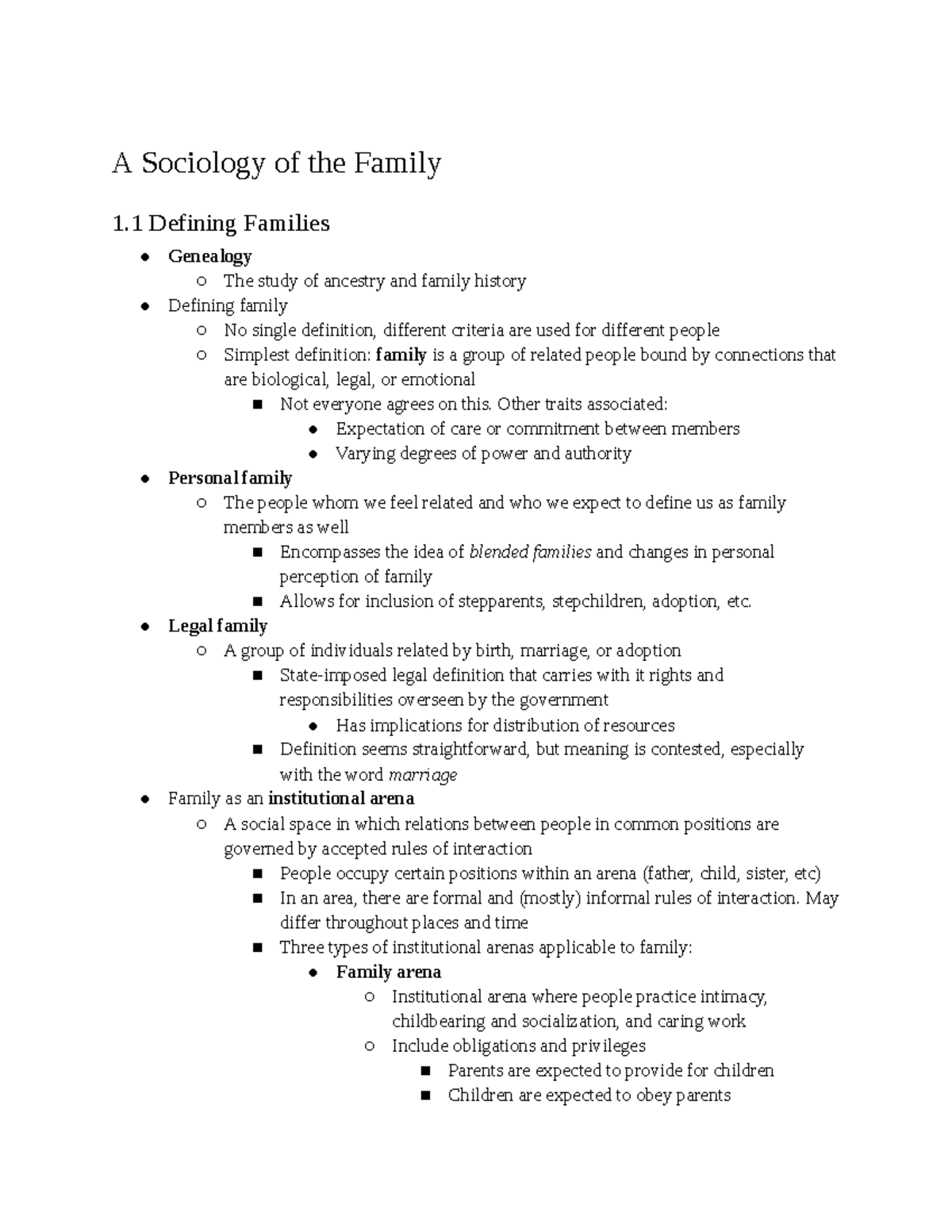 SOC 204 Ch 1 Notes - A Sociology of the Family 1 Defining Families ...
