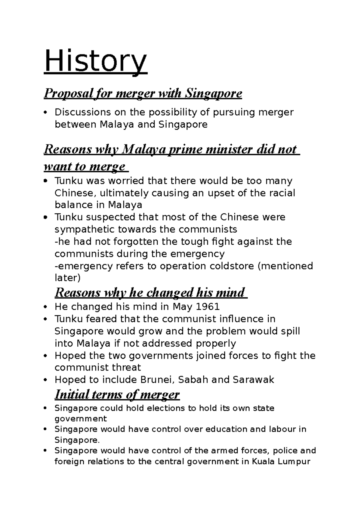 History notes - History Proposal for merger with Singapore Discussions ...