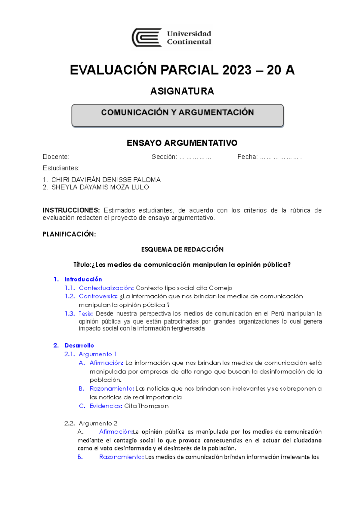 Formato Ensayo Argumentativo 2023-20 LAG.docx (4) - EVALUACIÓN PARCIAL 2023 – 20 A ASIGNATURA ...