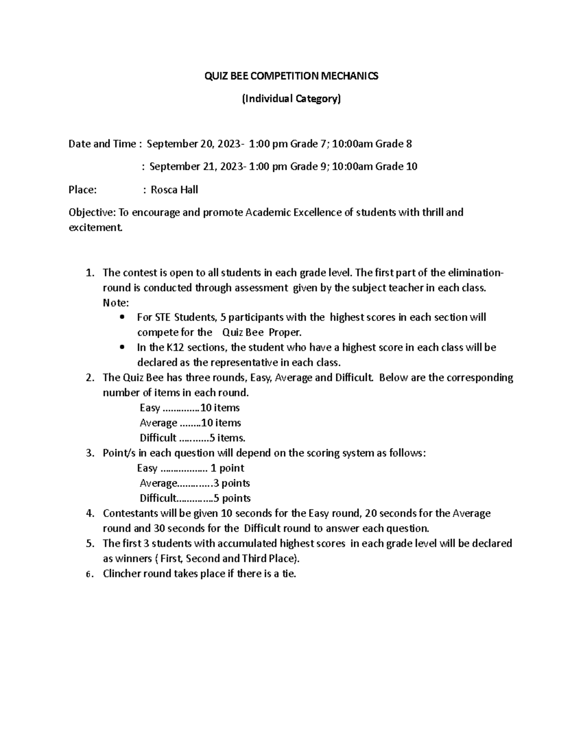 QUIZ BEE Competition Mechanics - QUIZ BEE COMPETITION MECHANICS ...