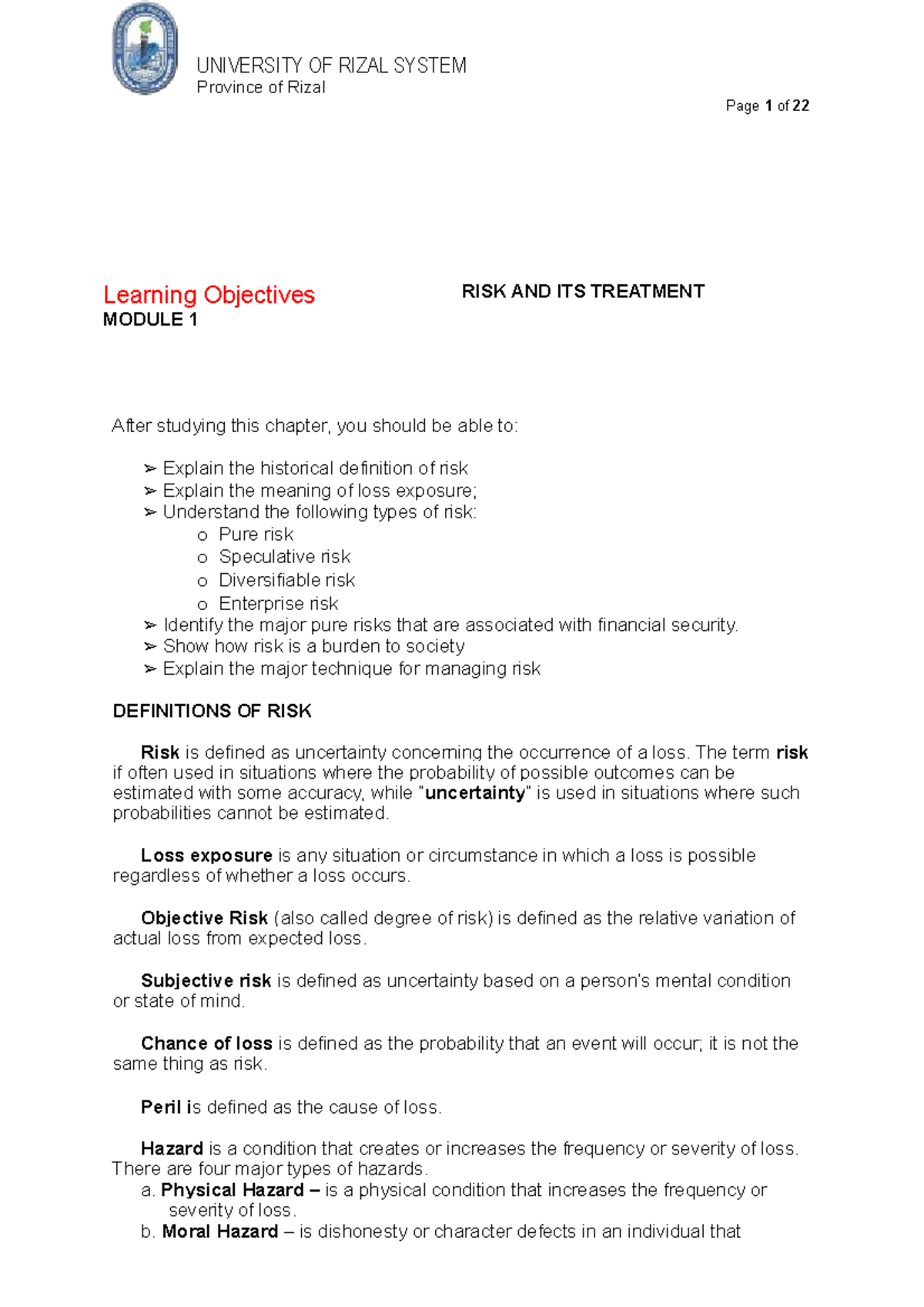 RISK-MGT-Modules from 1-4 - UNIVERSITY OF RIZAL SYSTEM Province of ...