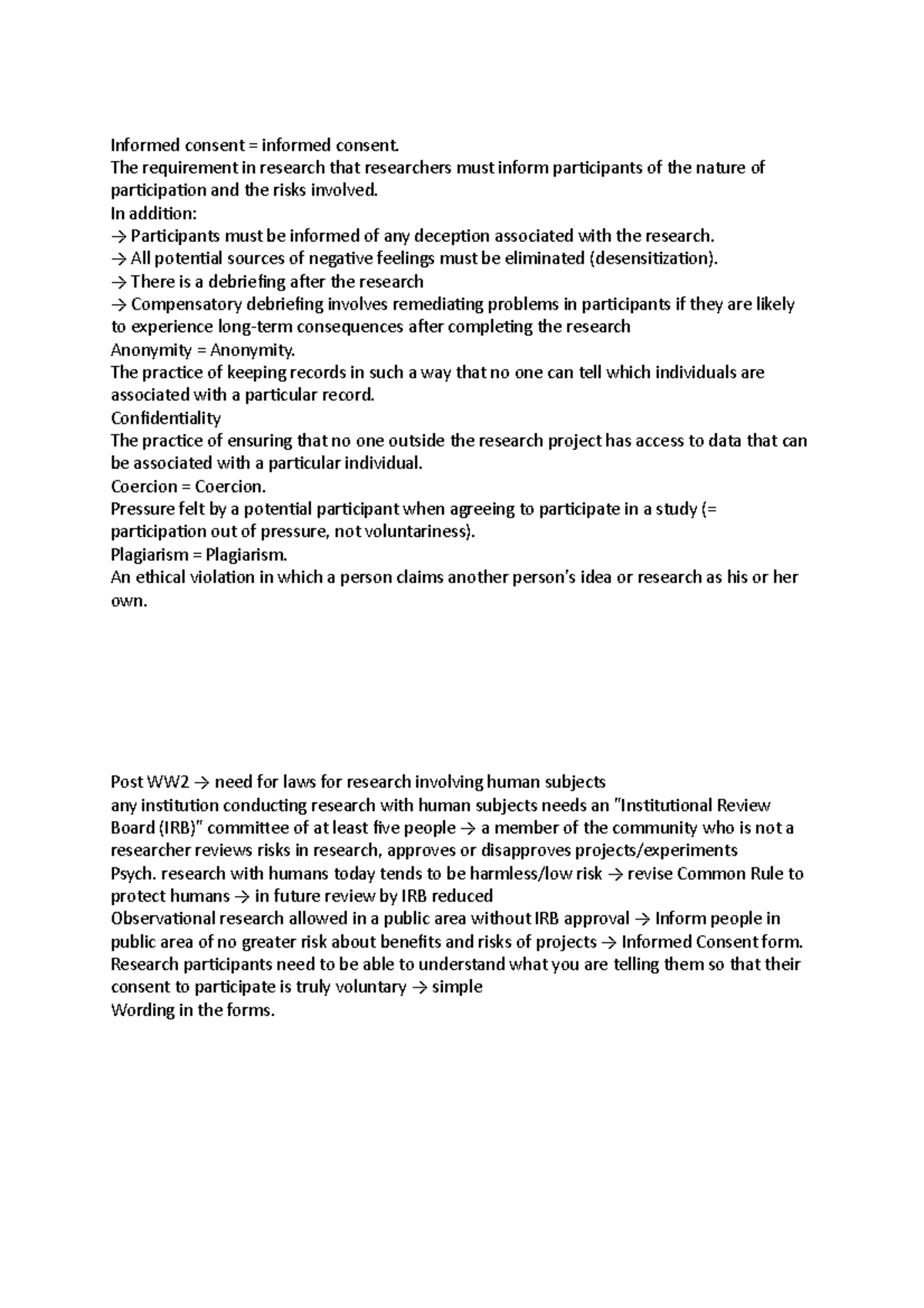 Informed consent - notes from class - Informed consent = informed ...