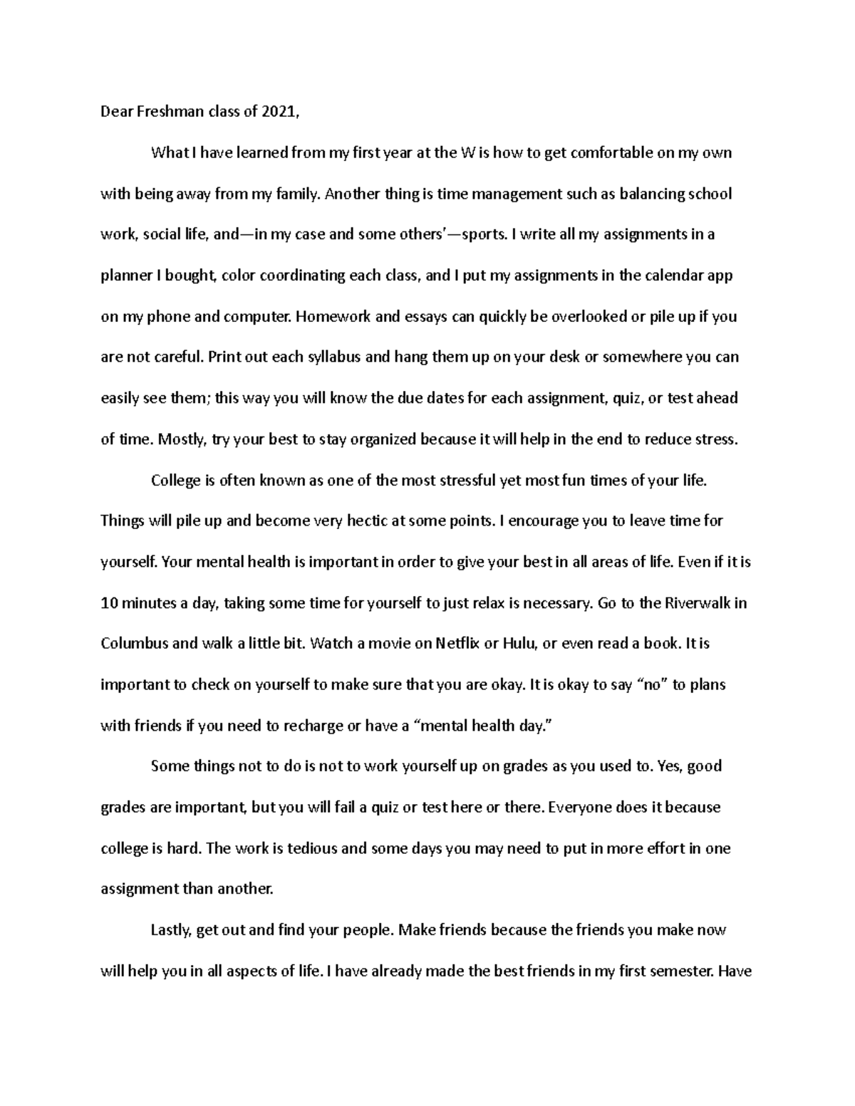 Letter to Freshman Class of 2021 - Dear Freshman class of 2021, What I ...