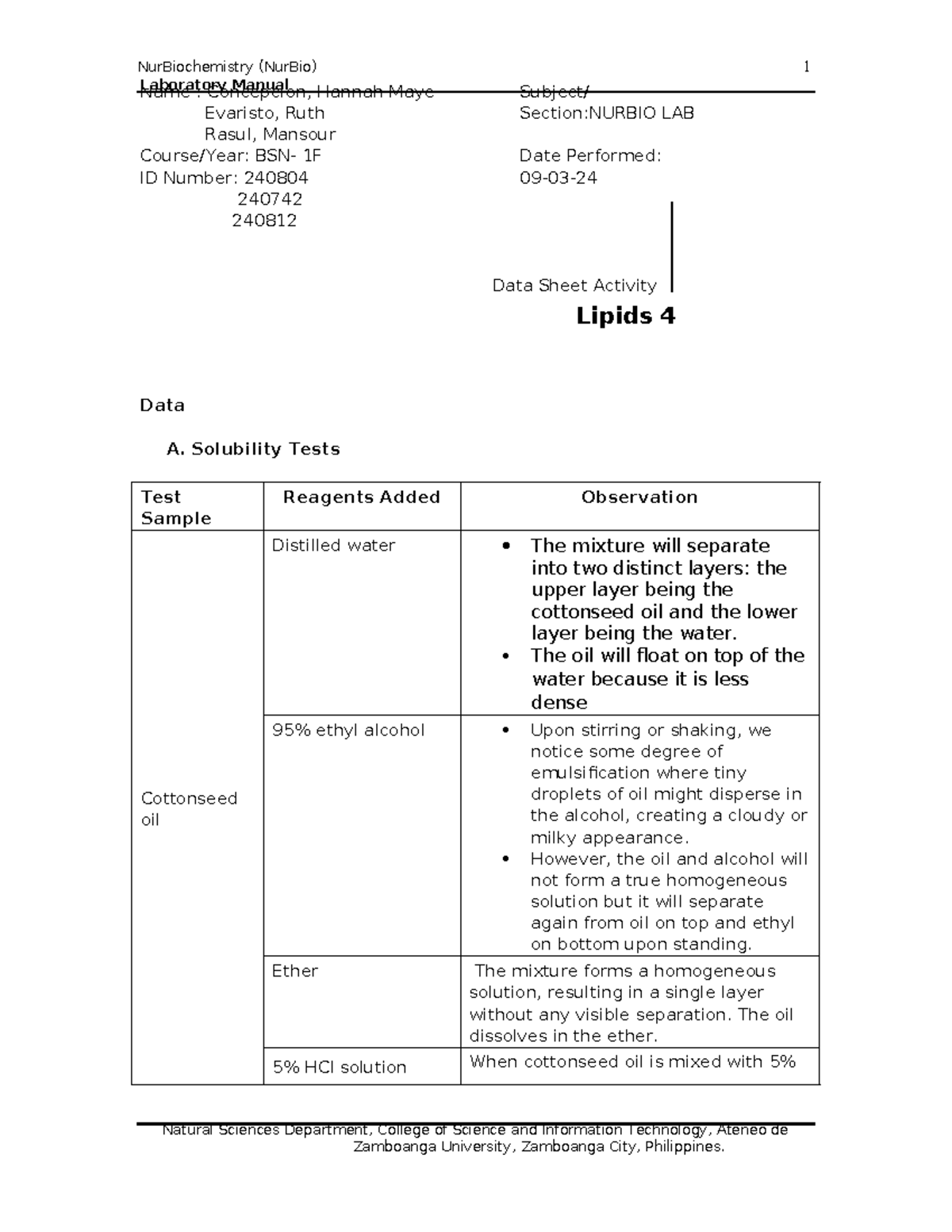 ACT 4. Lipids DATA Sheet - Laboratory Manual Data Sheet Activity Lipids ...