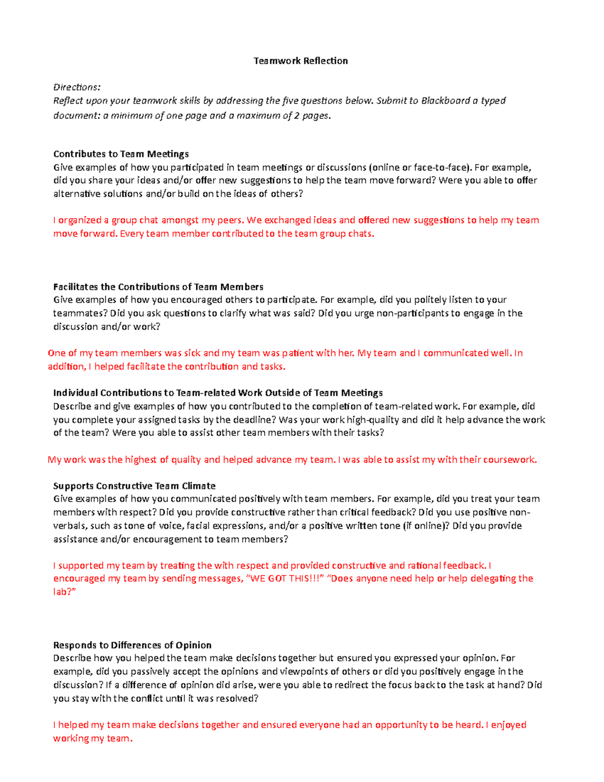 Teamwork - Self Refelection - Teamwork Reflection Directions: Reflect ...