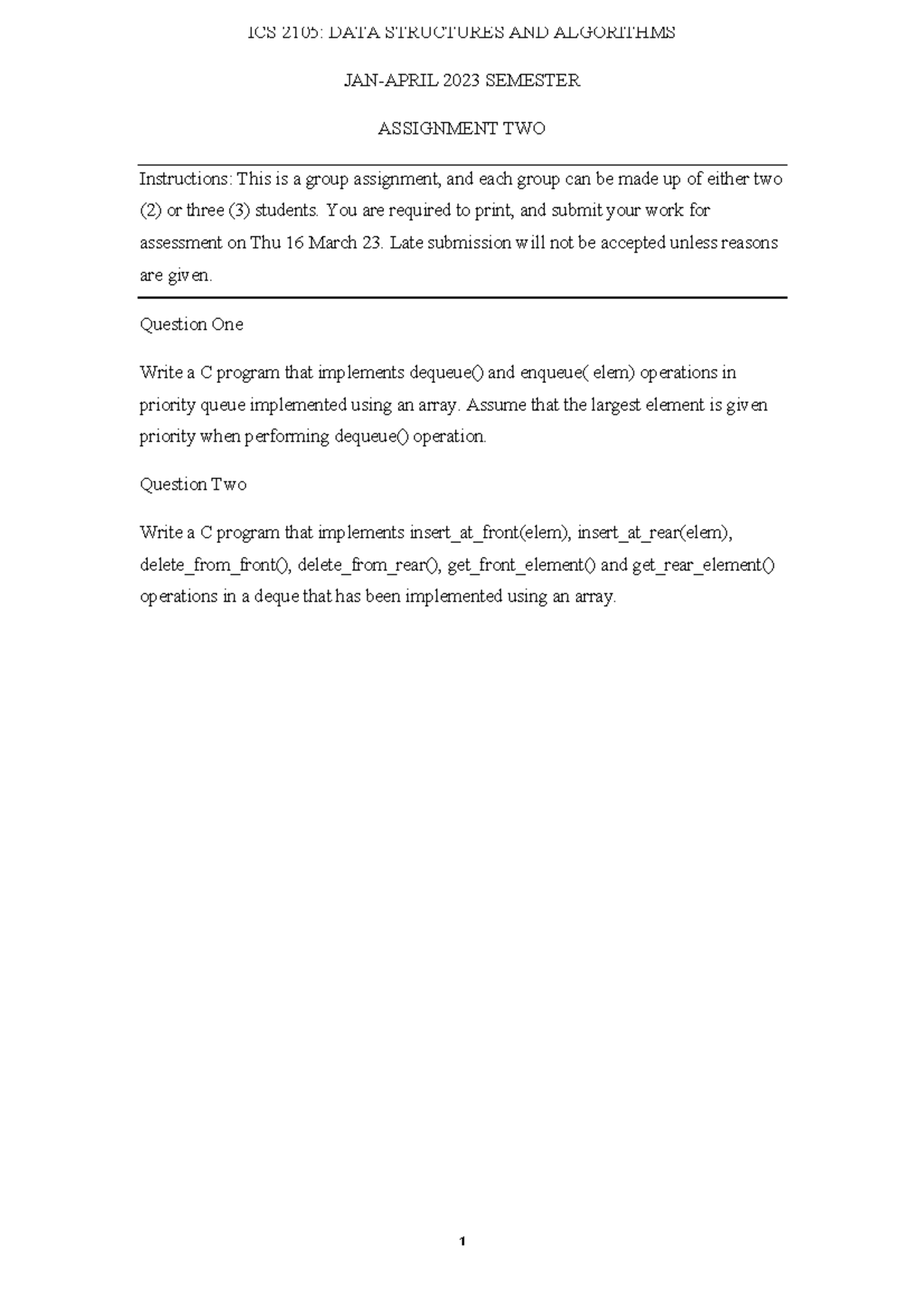 ICS 2105 jan apr 2023 ass two - 1 ICS 2105: DATA STRUCTURES AND ALGORITHMS JAN-APRIL 2023 ...