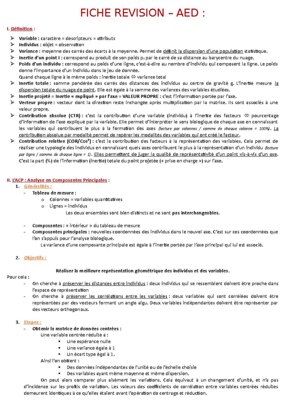 Fiche Revision - AED - FICHE REVISION – AED : I. Définition : Variable : caractère ...