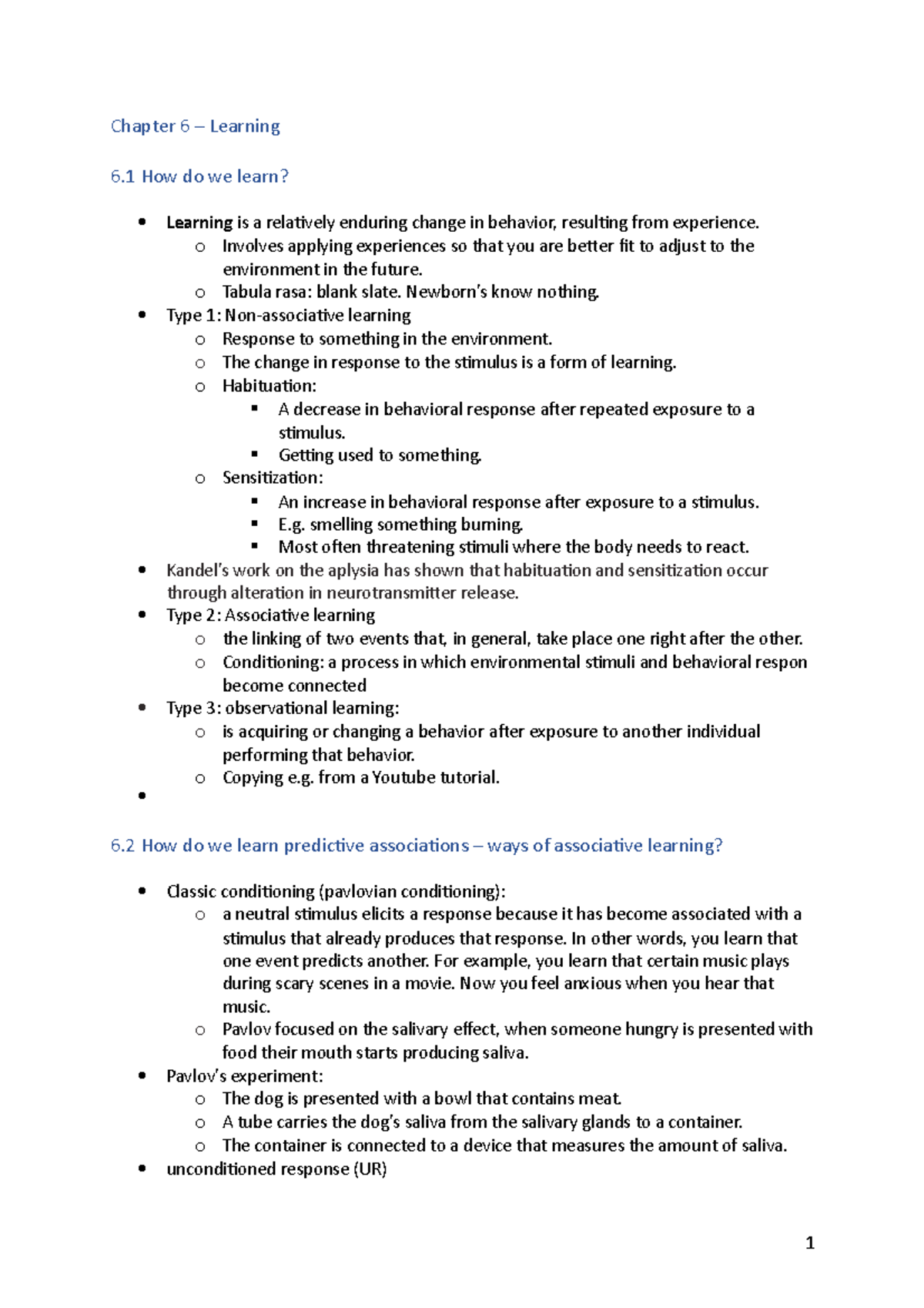 Chapter 6-9 - Lecture notes 6-9 - Chapter 6 – Learning 6 How do we ...