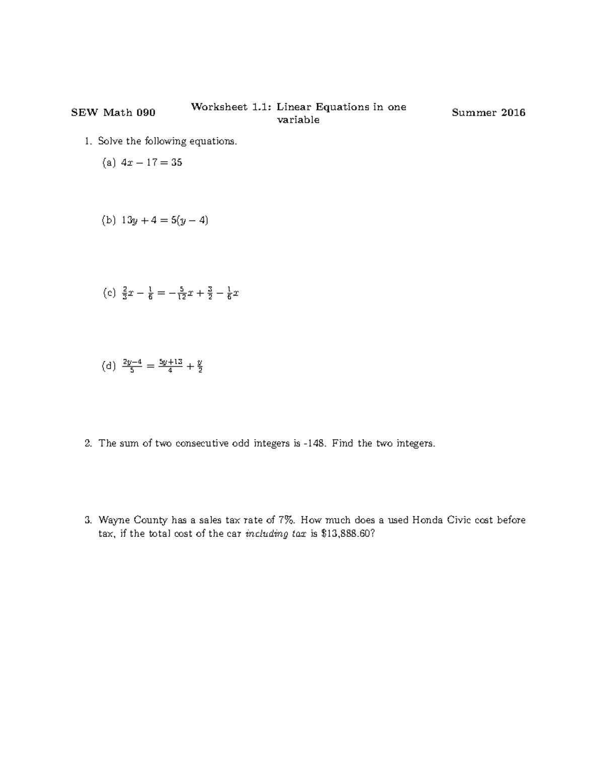 SEW Math worksheet 1.1 - Worksheet 1: Linear Equations in one variable ...