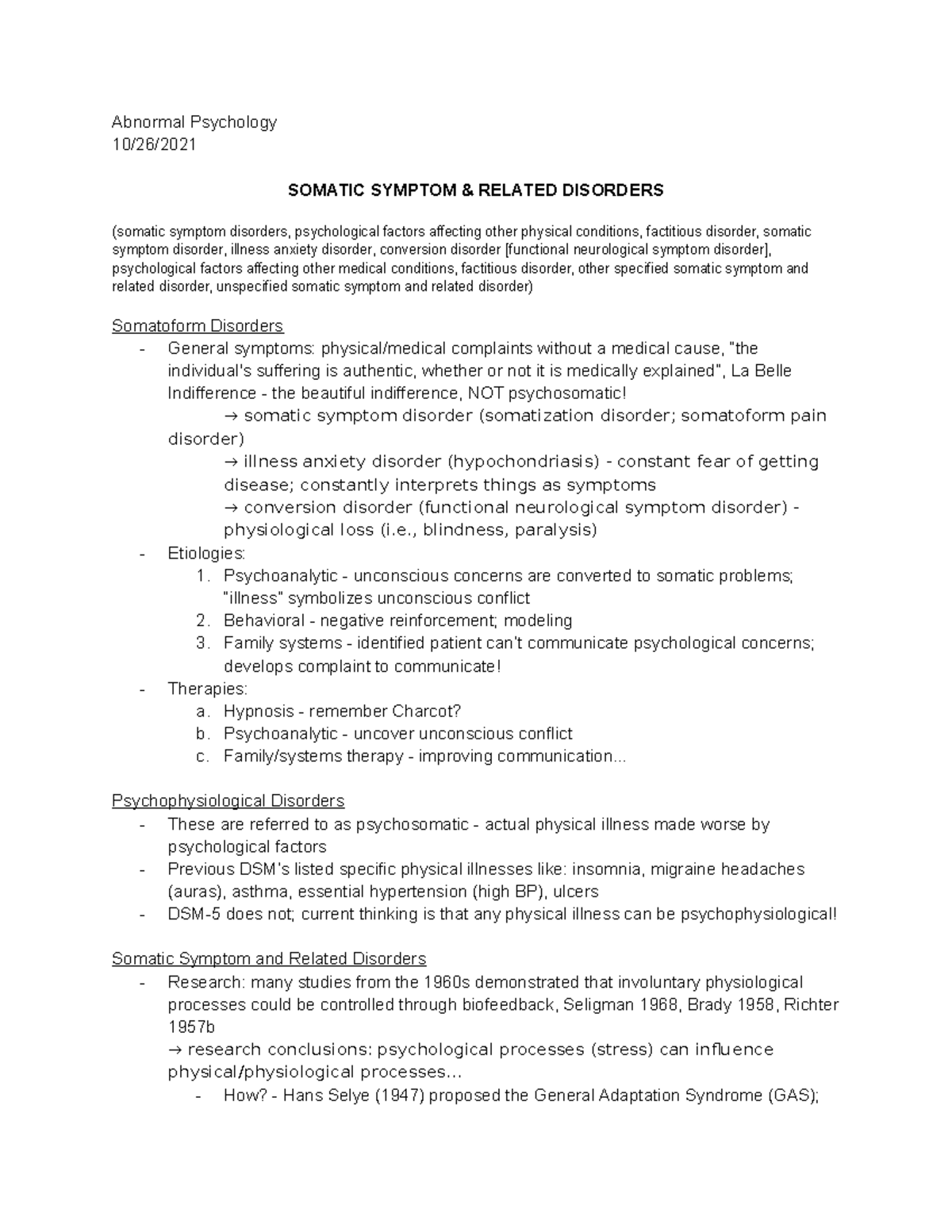 AP Notes 10 26 - Abnormal Psychology 10/26/ SOMATIC SYMPTOM & RELATED ...