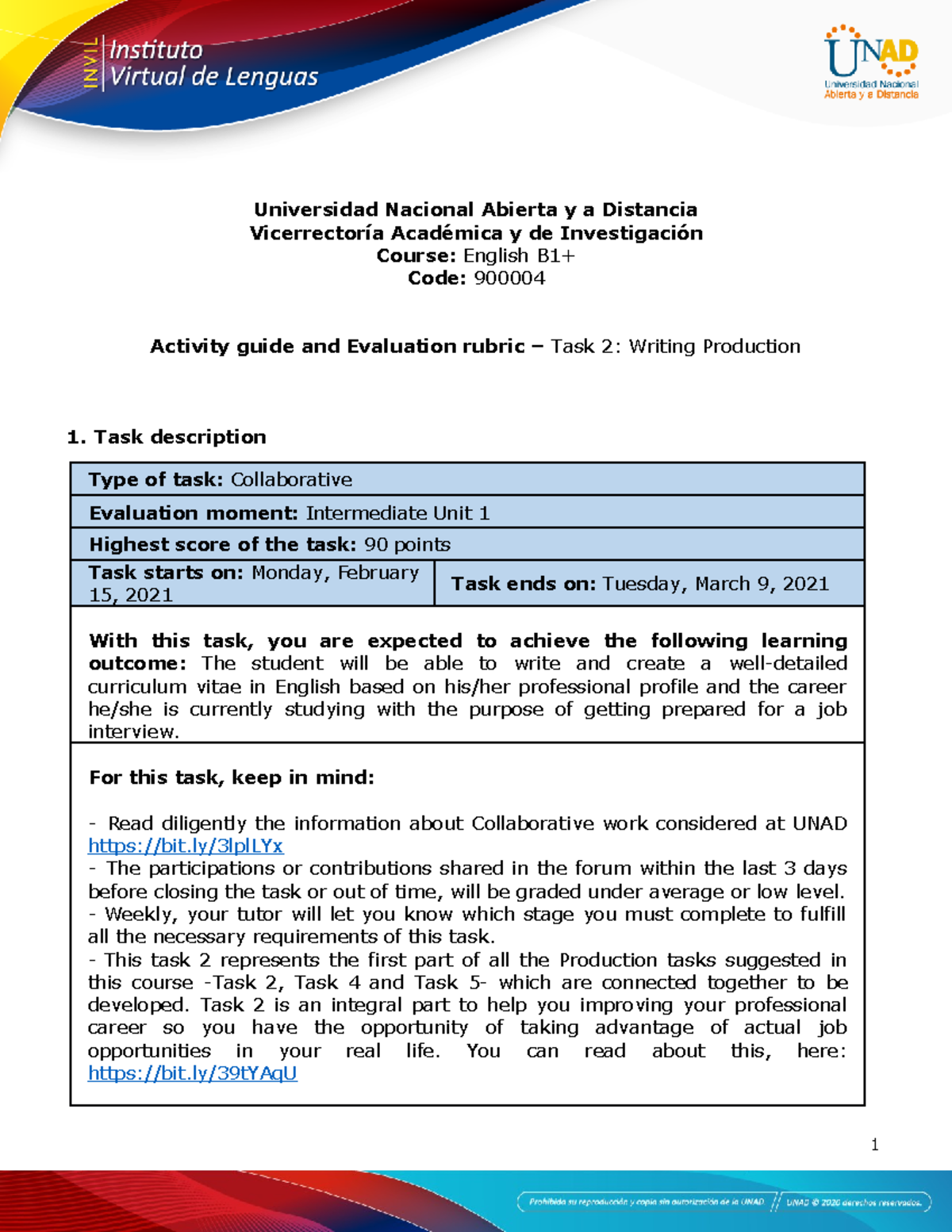 Activities guide and Evaluation rubric - Unit 1 -Task 2 - Writing ...