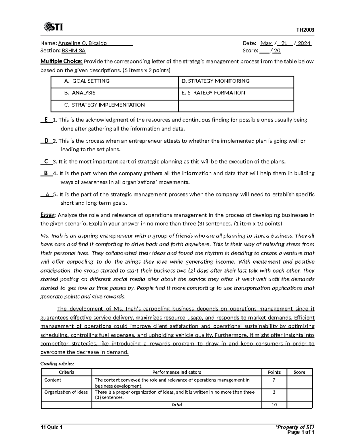 Entrep-11 Quiz 12 - n/a - TH Name: Angeline O. Bicaldo Date: May / 21 / ...