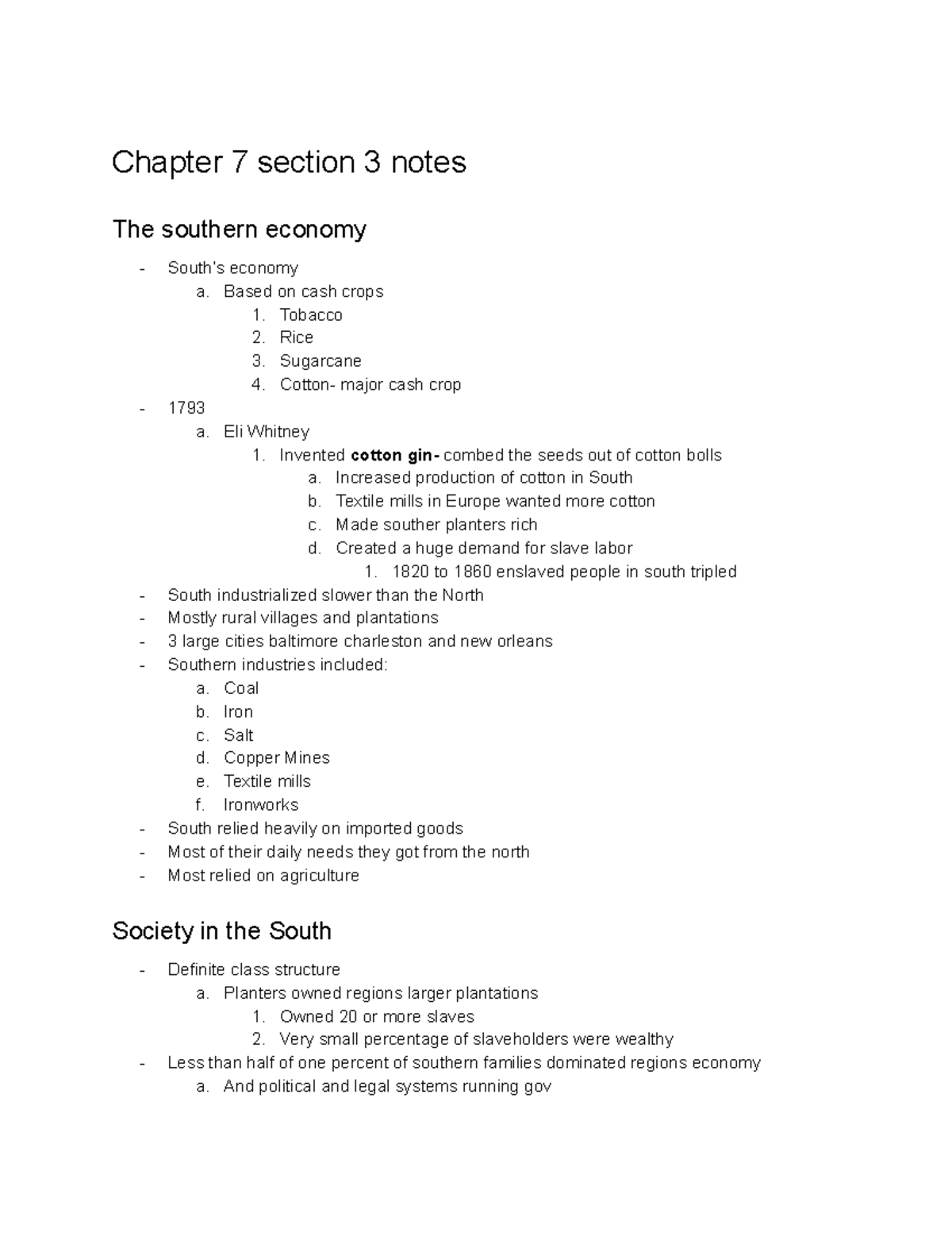 Chapter 7 section 3 notes - Chapter 7 section 3 notes The southern ...