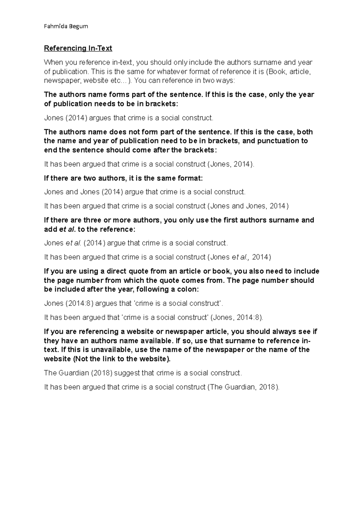 Harvard Referencing Guide Examples - Fahmida Begum Referencing In-Text ...