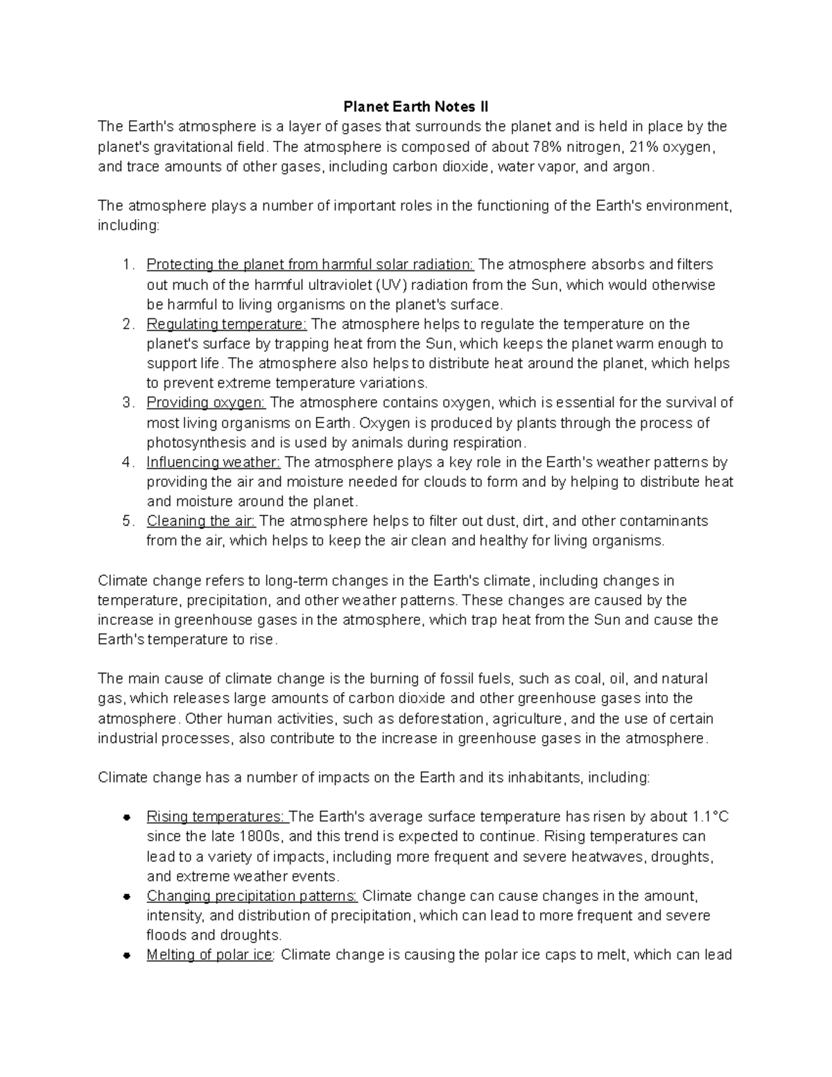 Planet Earth Notes II - The atmosphere is composed of about 78% ...