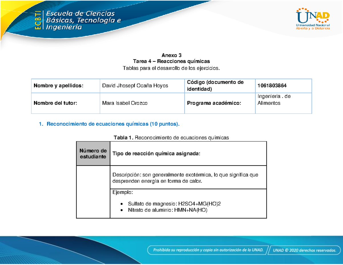 Anexo 3 Reacciones Quimicas Davidocaña - Anexo 3 Tarea 4 – Reacciones químicas Tablas para el ...