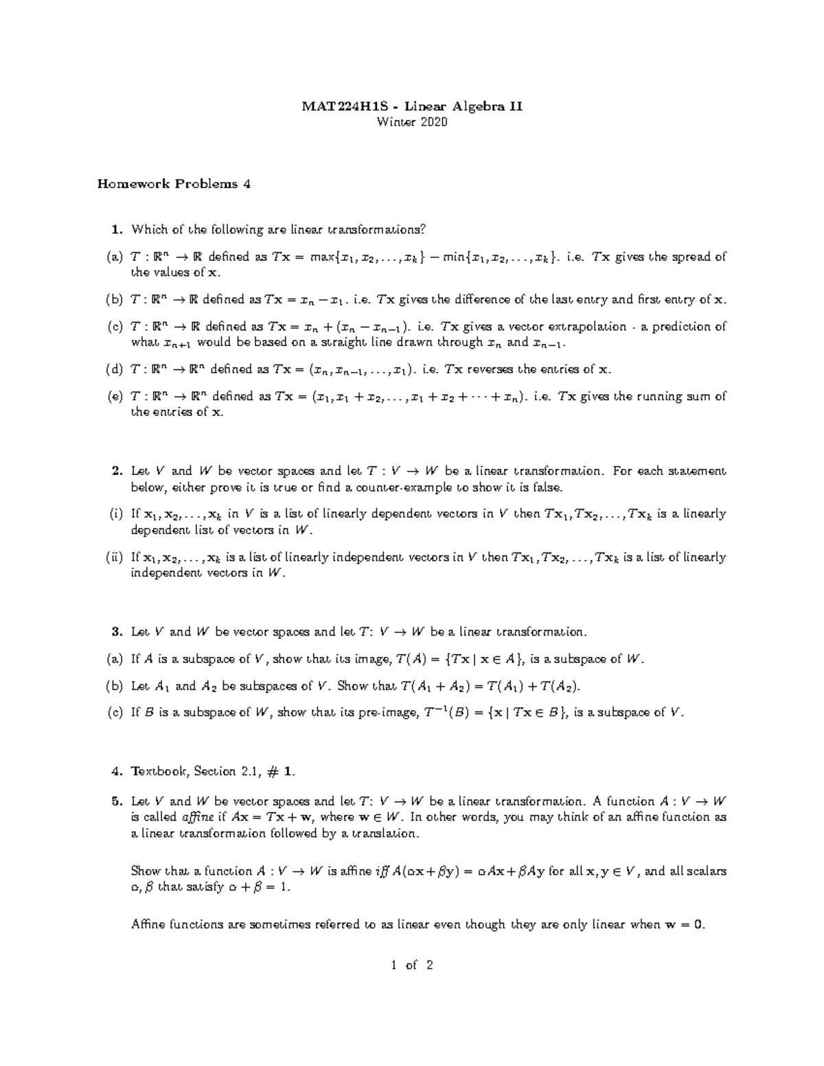 MAT224 Homework Problems 4 - MAT224H1S - Linear Algebra II Winter 2020 ...