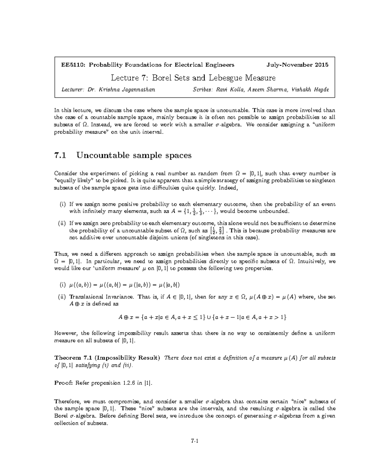 Lecture 7 Borel Sets and Lebesgue Measure - EE5110: Probability Foundations for Electrical ...