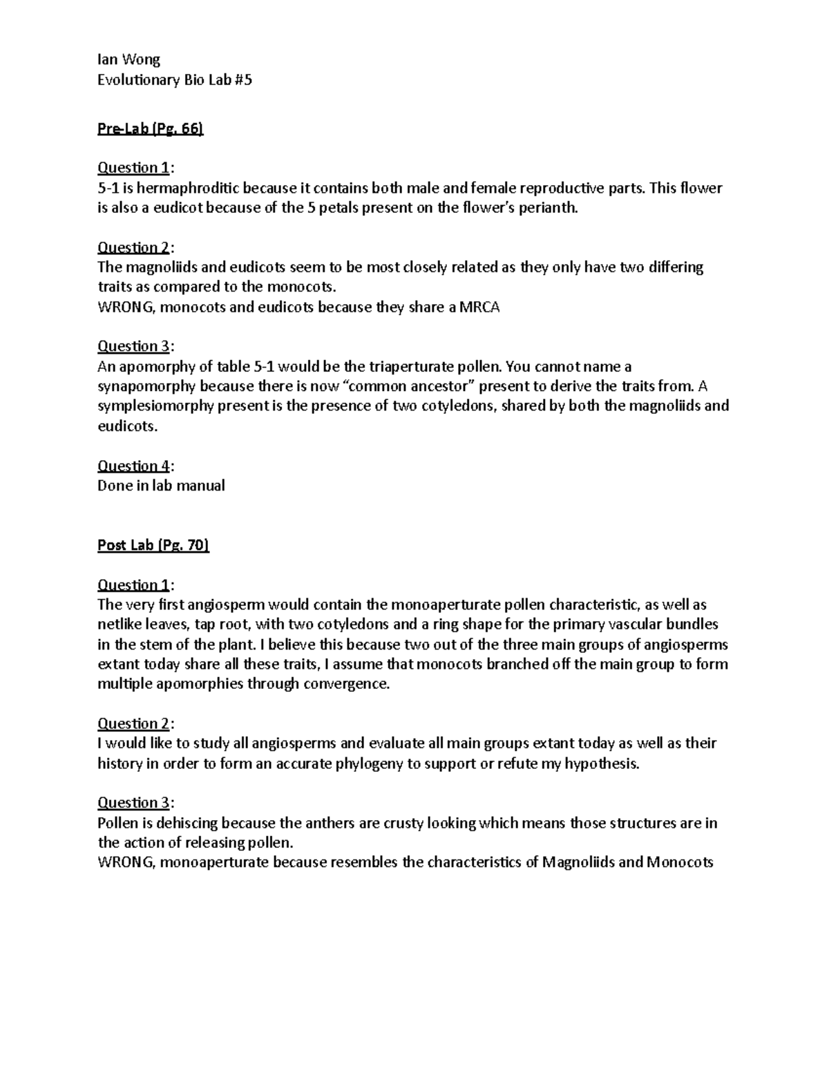 Lab 5 - lab work - Ian Wong Evolutionary Bio Lab # Pre-Lab (Pg. 66 ...