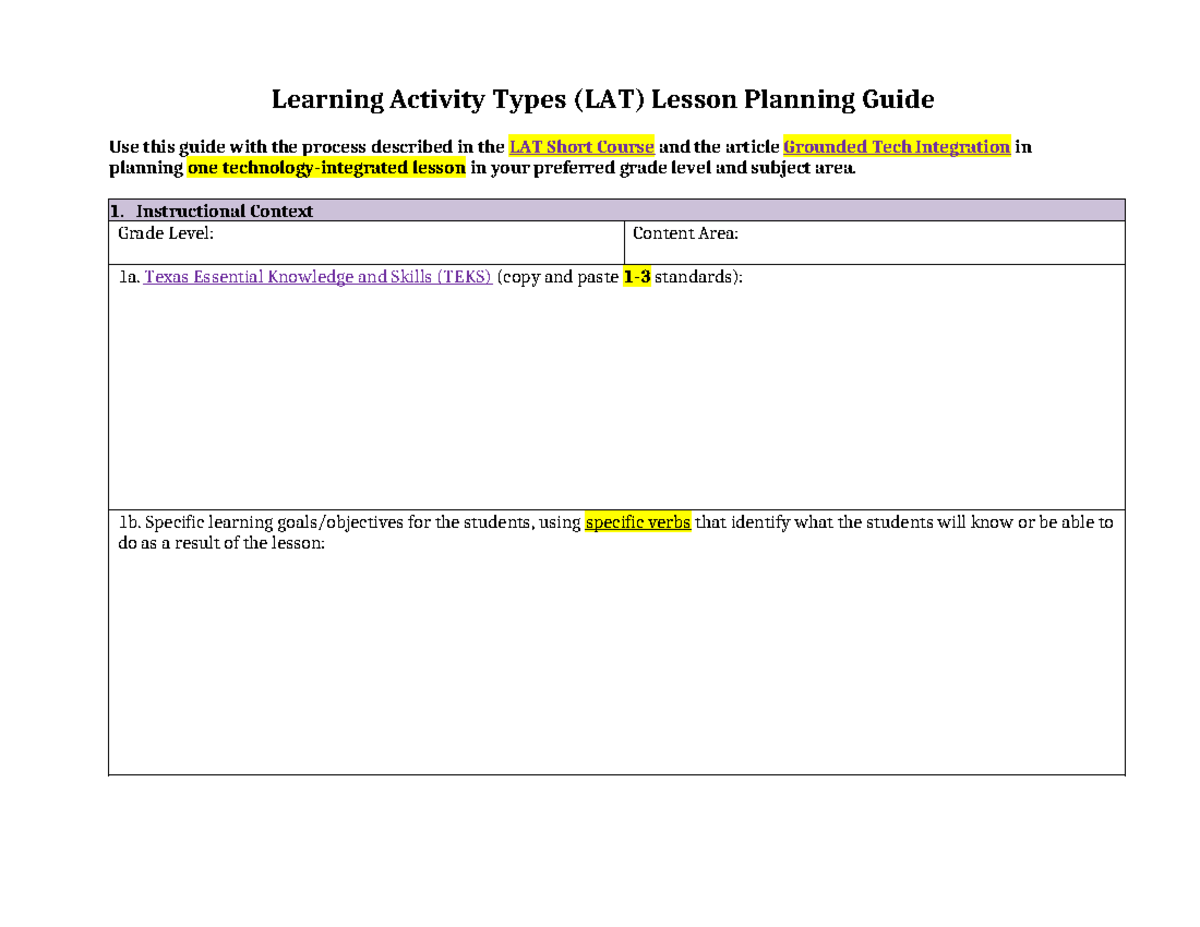 LAT Lesson Planning Guide - Learning Activity Types (LAT) Lesson ...