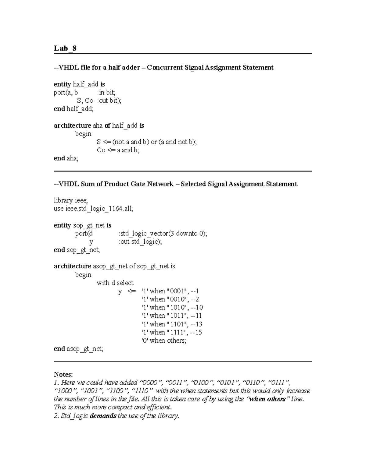 VHDL DGS255 Labs W2012 - I DONT REMEMBER - Lab_8 -VHDL file for a half ...
